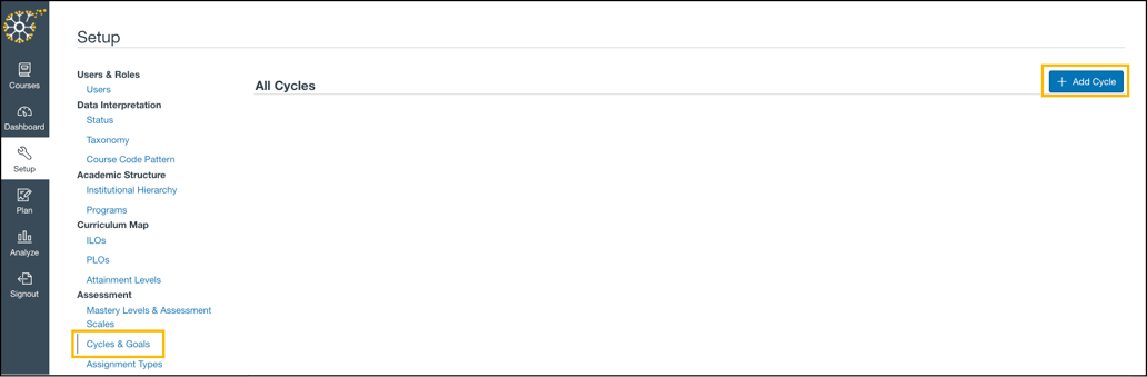 How do I create Cycles & Goals for assessment plan creation?