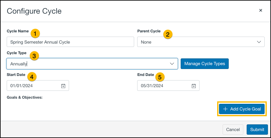 How do I create Cycles & Goals for assessment plan creation?