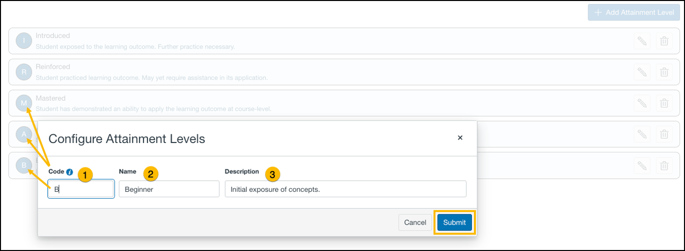 How do I add my institution's Attainment Levels for Curriculum Mapping?