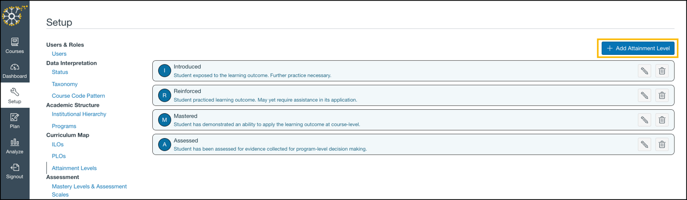 How do I add my institution's Attainment Levels for Curriculum Mapping?