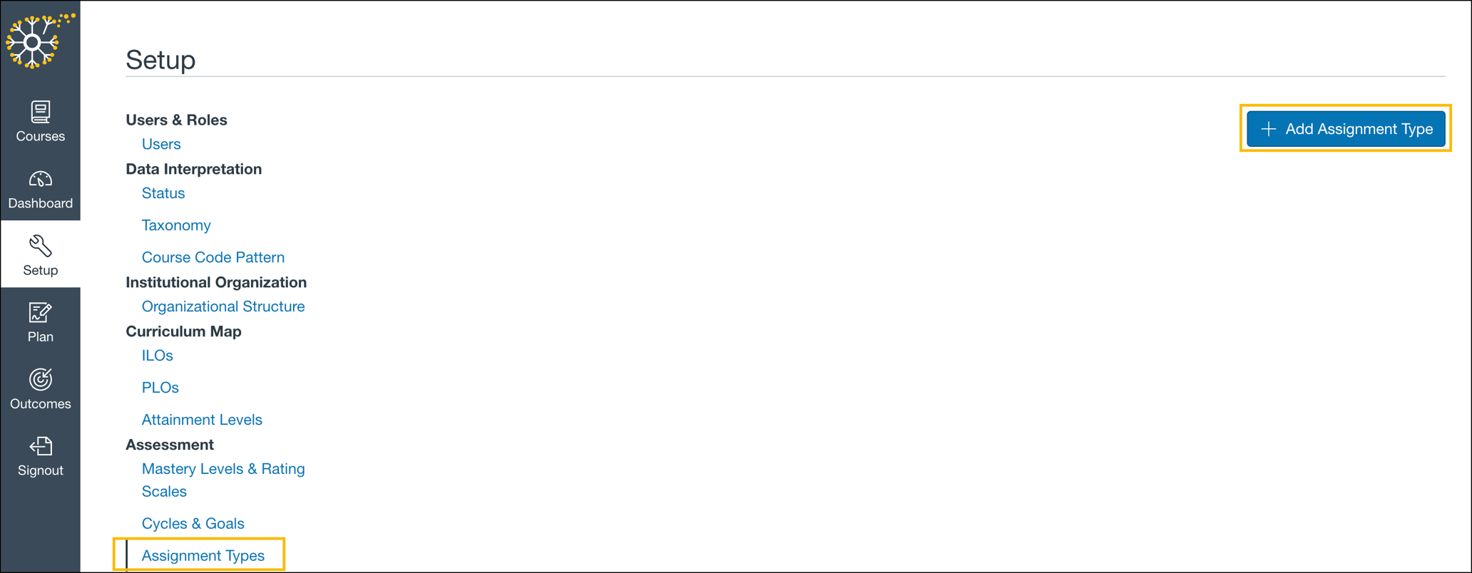 How do I create Assignment Types for Assessment Planning?