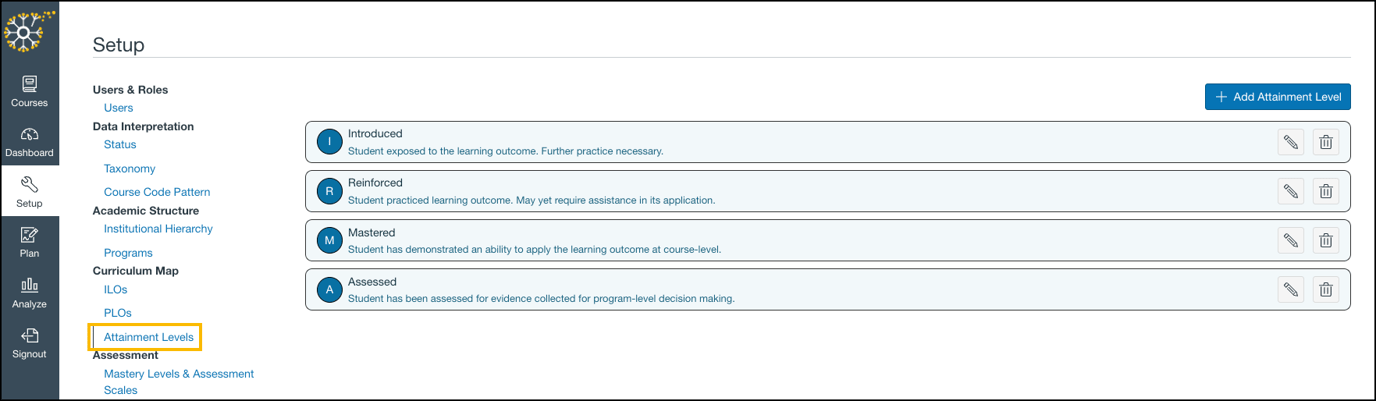 How do I add my institution's Attainment Levels for Curriculum Mapping?