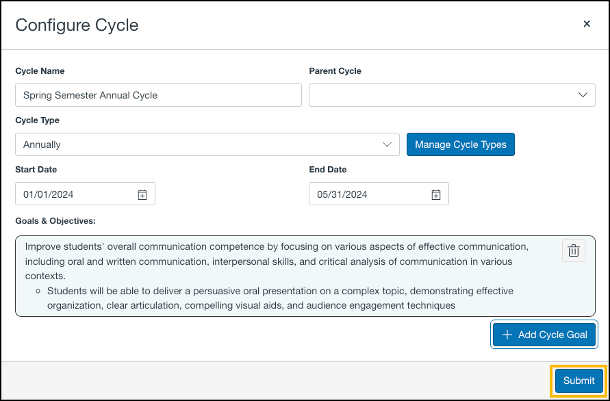 How do I create Cycles & Goals for assessment plan creation?