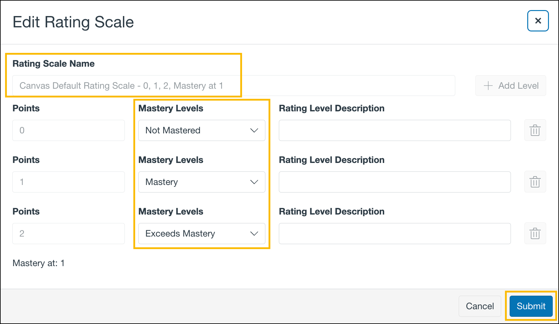 How do I set up Mastery Levels and Rating Scales?