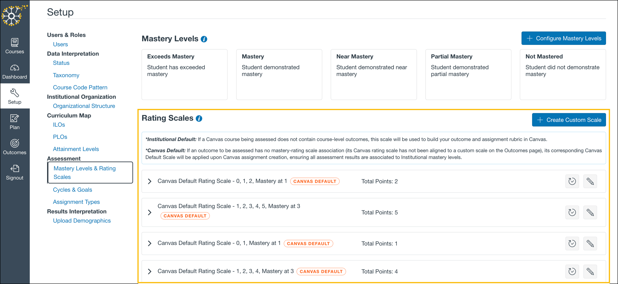 How do I set up Mastery Levels and Rating Scales?
