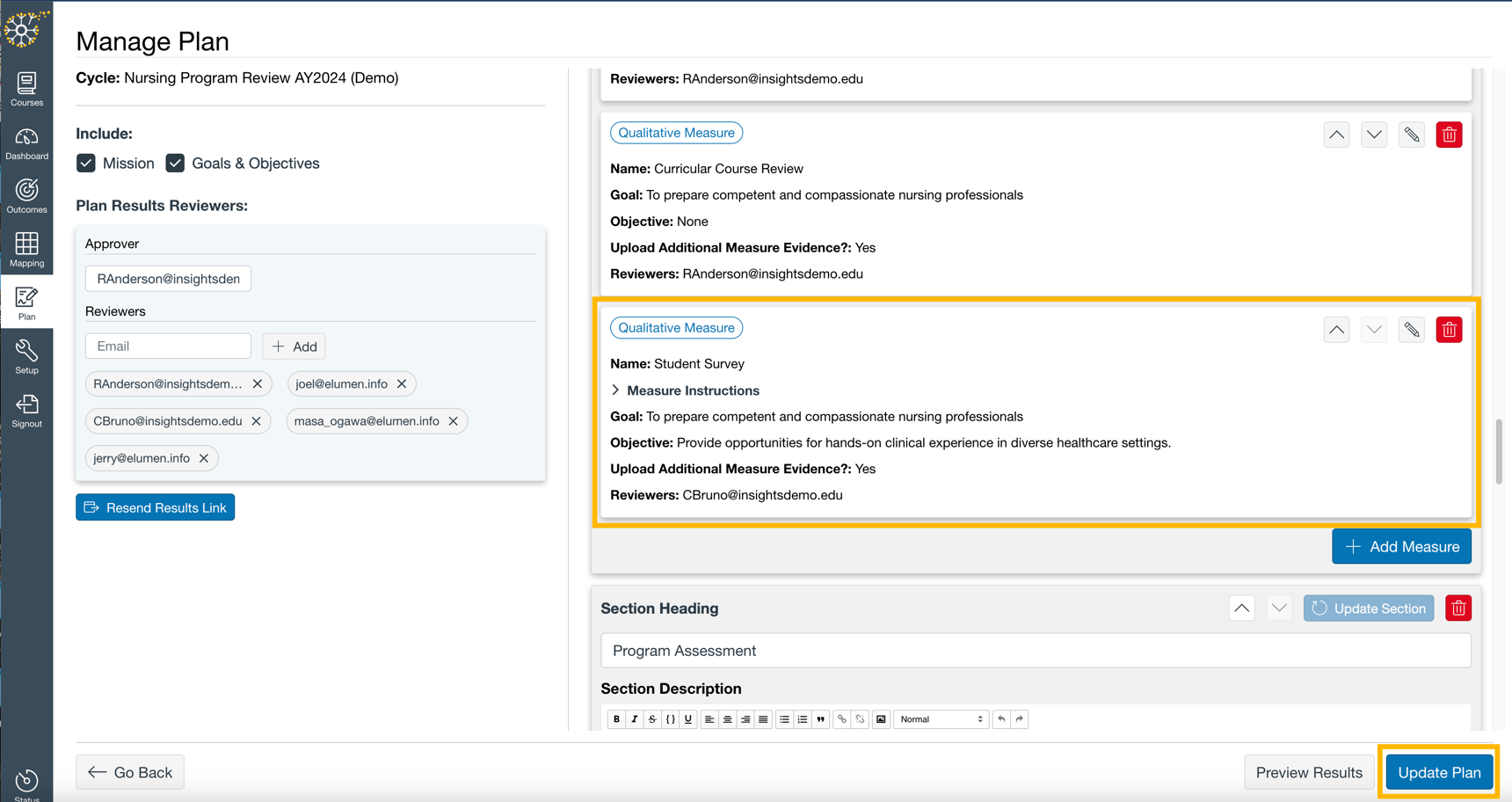 How do I plan qualitative assessment measures in Insights?